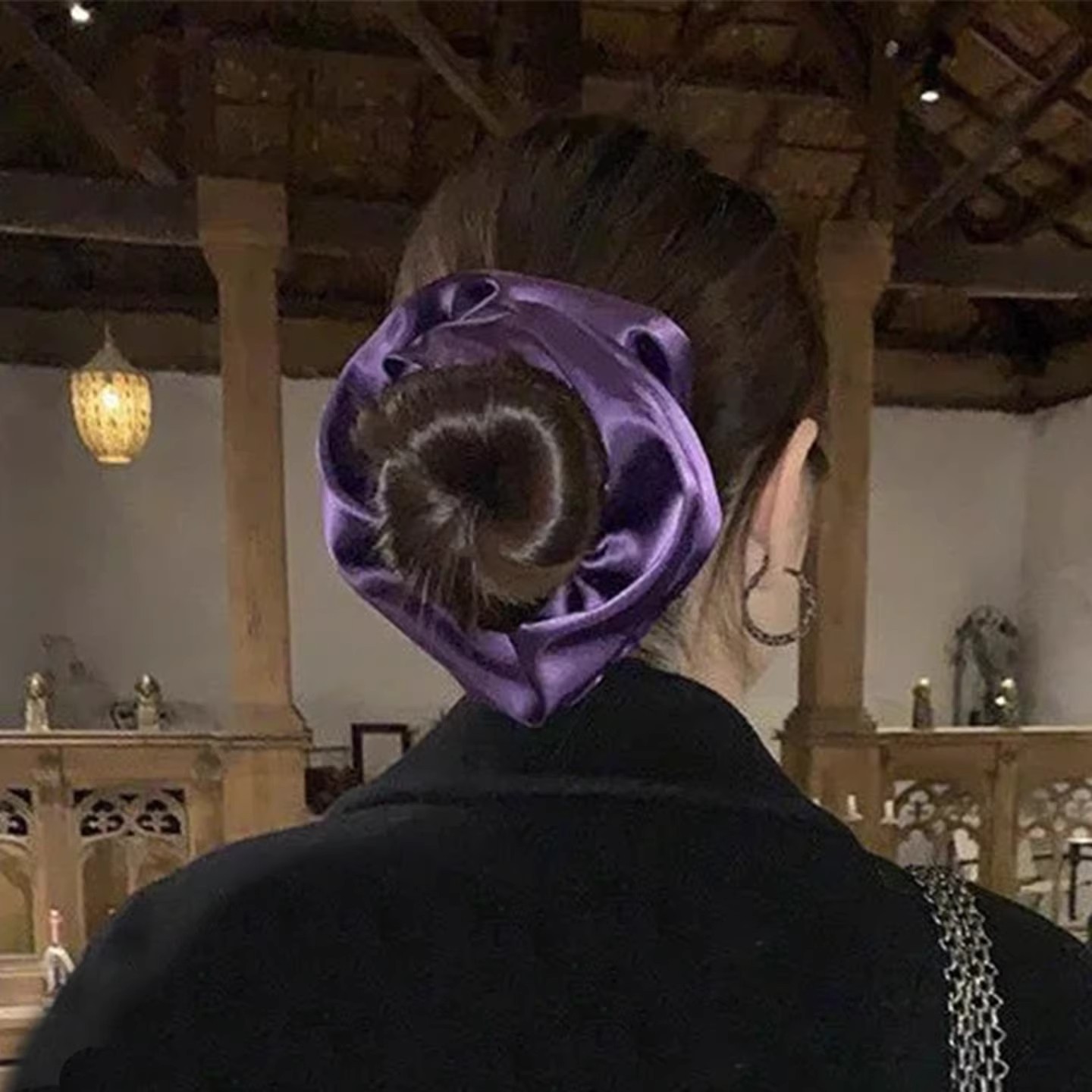韩系紫色缎面大肠发圈高级感超大丸子头扎头发头绳皮筋百搭头饰