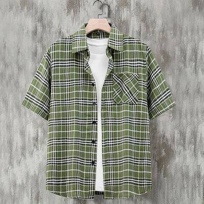 Men's shirt slightly textured color-block checked