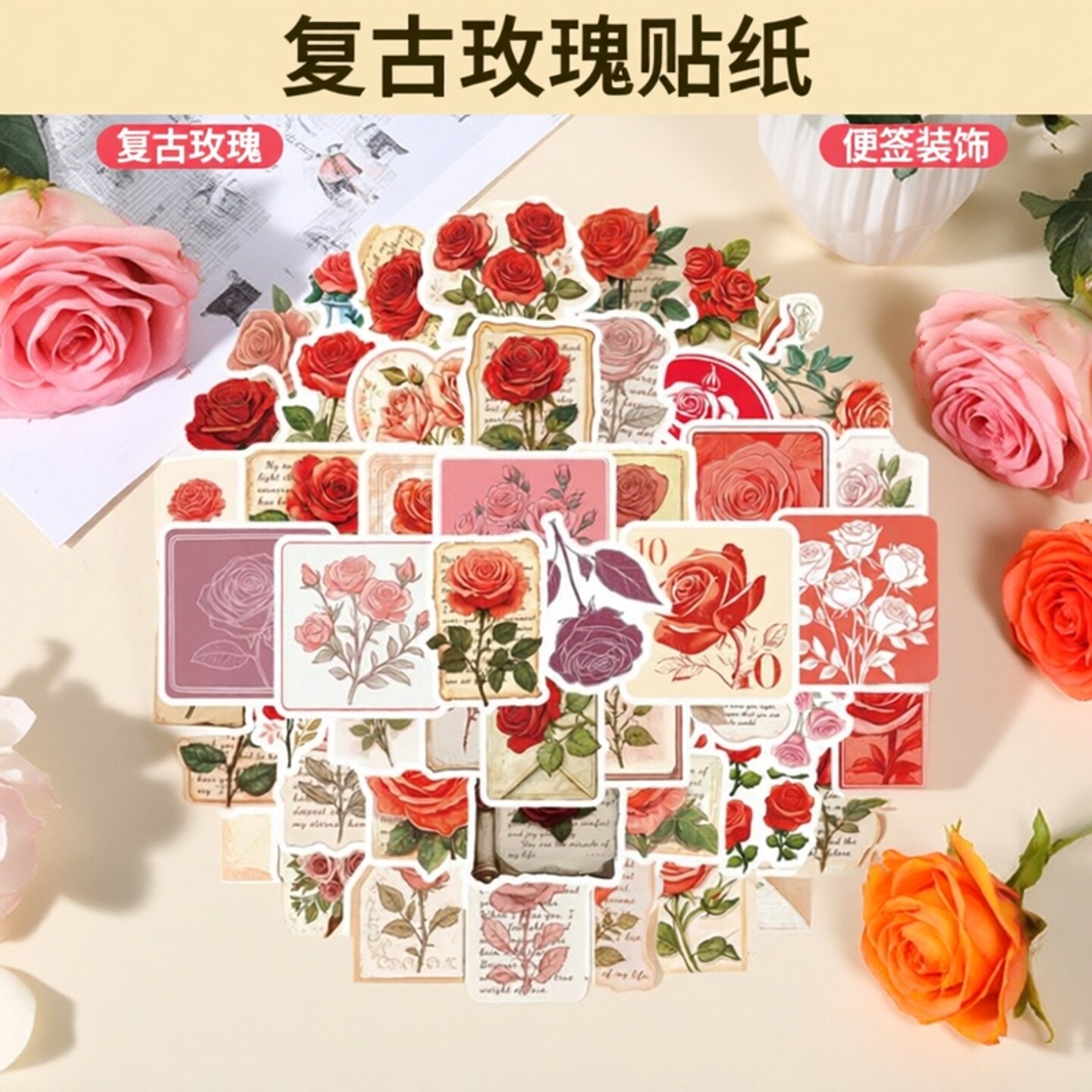 50张复古便签式玫瑰涂鸦装饰贴纸diy手机壳笔记本电脑充电宝水杯行李箱桌面手账本ipad文具储物箱防水贴纸