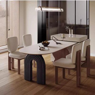 法式中风ITJ餐桌现代简约小户型家用石岩洞板古岛台实木餐桌组椅