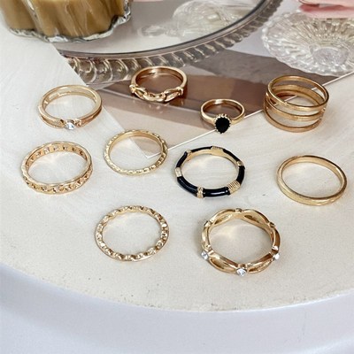 极速Ring set 10 Piece ySet rings复古镂空黑色关节戒指组套10件