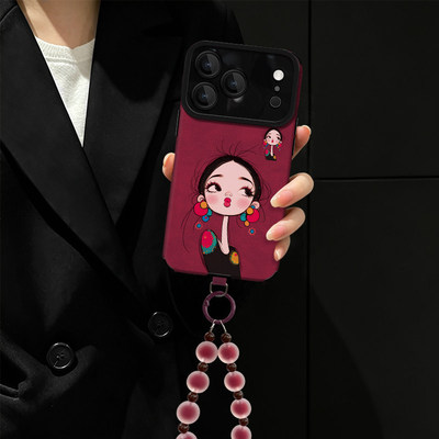 嘟嘴女孩手链适用苹果18pm手机壳iphone16硅胶17翻毛皮15卡通14外