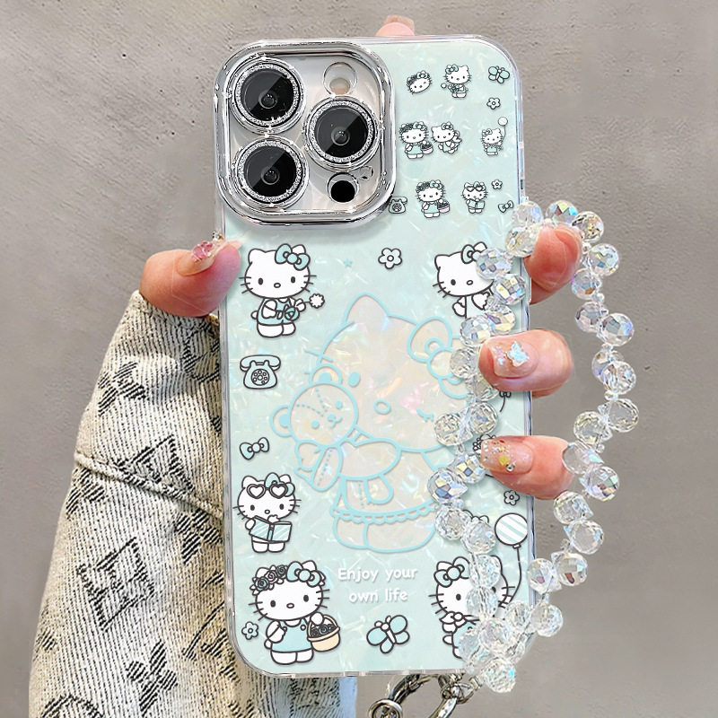 可爱猫咪手链适用17promax苹果手机壳iphone15新女款16全包贝壳纹