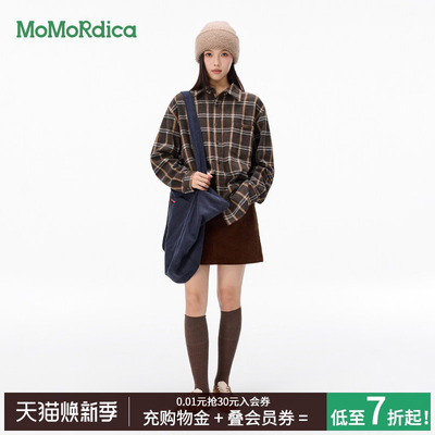 Momordica冬季2025新款休闲长袖衬衫棉质袖翻领格子衬衣男女通用