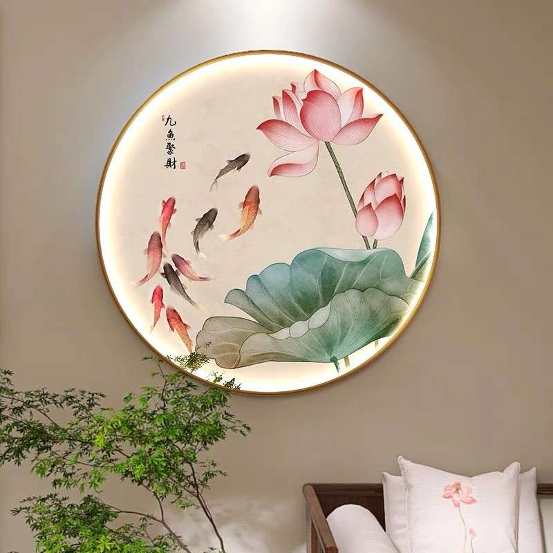 景新中式玄关装室饰画荷花九挂鱼图圆形灯光画餐厅过道背画XEW茶