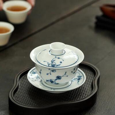 青瓷盖12534满碗泡仿古釉下手绘花陶瓷盖碗大号单个三才茶纯手绘