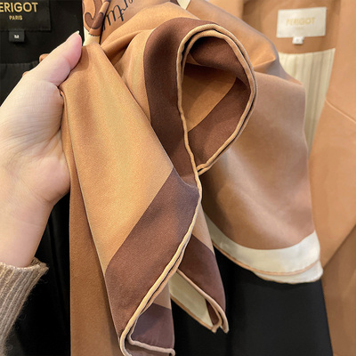 高档砂洗真丝!气质徽章桑蚕丝丝F巾女春秋季斜纹绸大方巾围巾