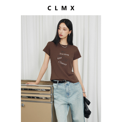 CLMX赛德利莱赛尔棉混纺面料 潮流感双色字母印花圆领短袖T恤
