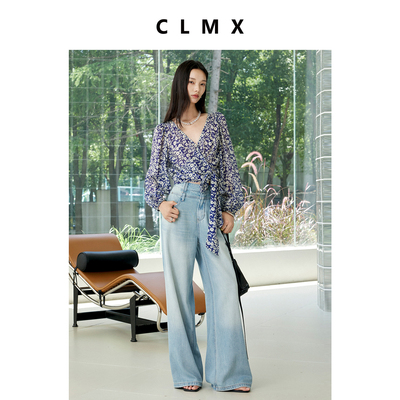 CLMX复古印花V领短款女衬衫