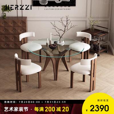 HERZZI设计师全实木钢化玻璃餐桌家用现代吃饭小户型圆形桌子洽谈