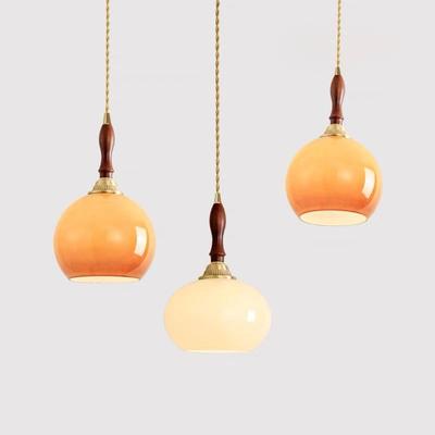 法式床头吊灯全铜中古诧寂风复古日式柿子玻璃餐厅吧台阳台小吊灯