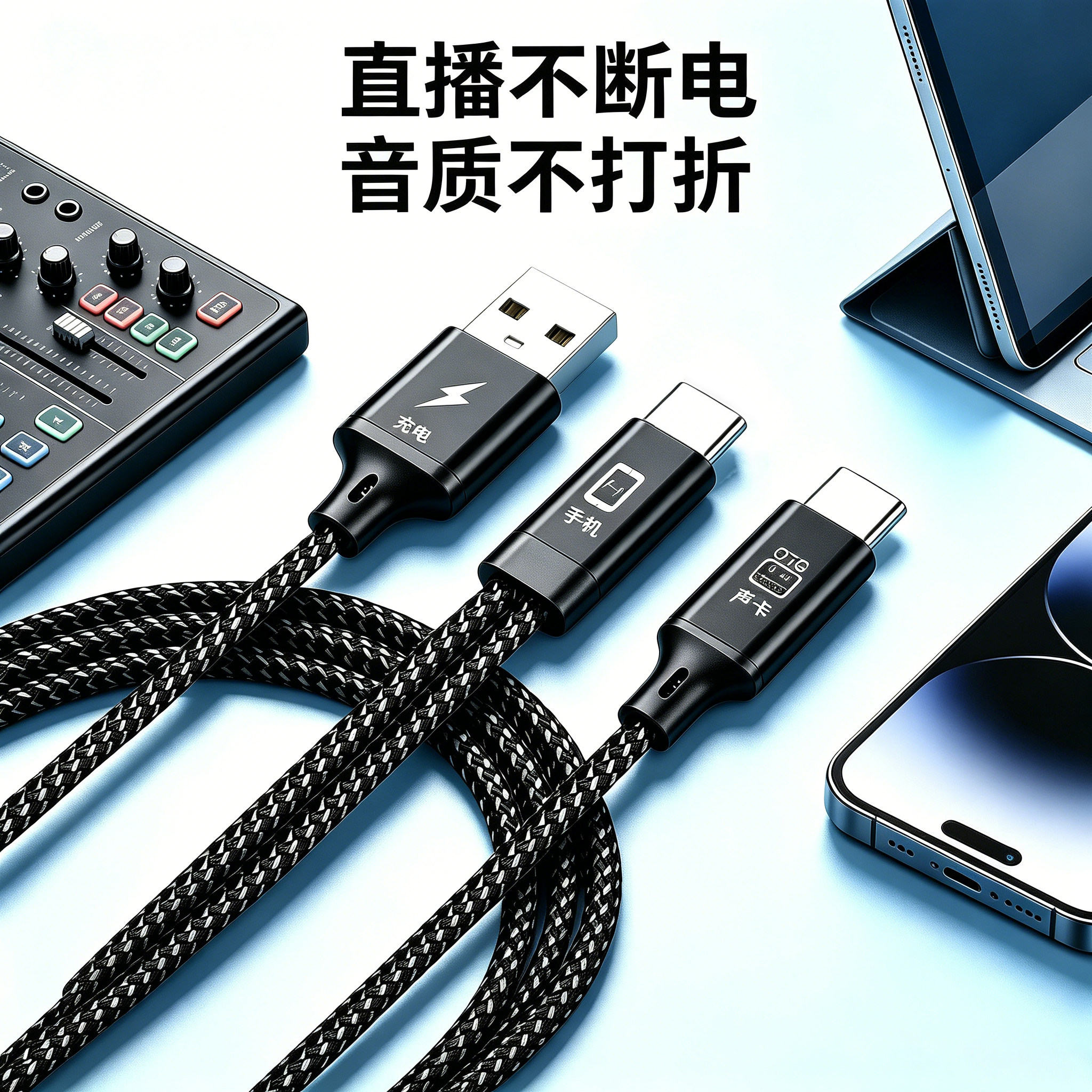 otg声卡连接线转接头编织数据线适用苹果17pro手机直播专用线12转换器音频边充电so8五代艾肯安卓android一号