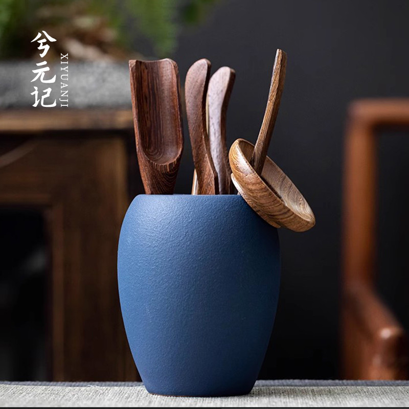 粗黑陶茶道六君子功夫茶具配件六件套茶筒黑檀木茶夹茶刷茶针