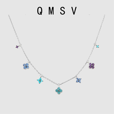 S925纯银幸运四叶草彩色吊坠项链