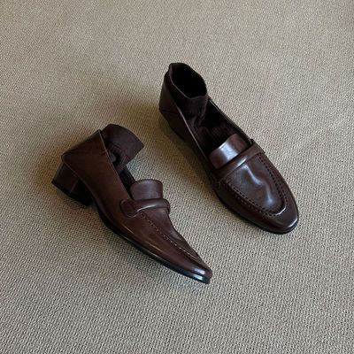 头层牛皮柔软舒适擦色复古深口乐福鞋2024秋季慵懒风一脚蹬单鞋女