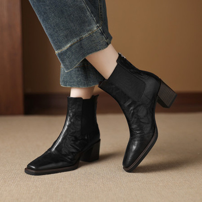 强推自留！手工羊皮粗跟方头松紧切尔西靴女秋冬高跟短靴马丁靴女