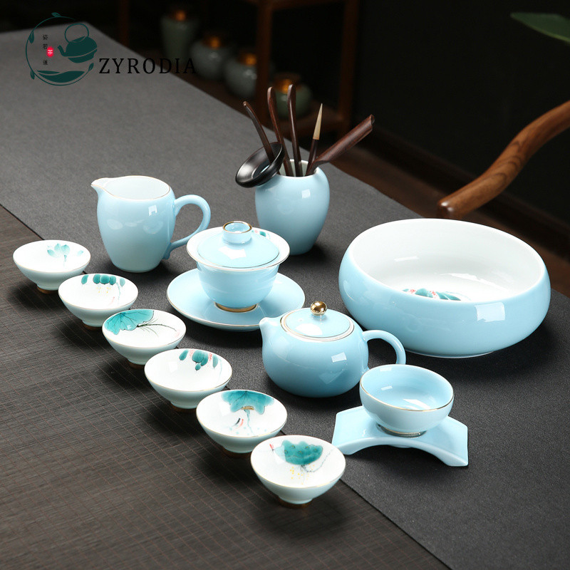 ZYRODIA手绘功夫茶具套装家用简约高档陶瓷盖碗泡茶壶整套喝