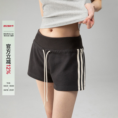 ICH MODE运动休闲条纹高腰美式复古短裤女抽绳设计感三分裤子女夏