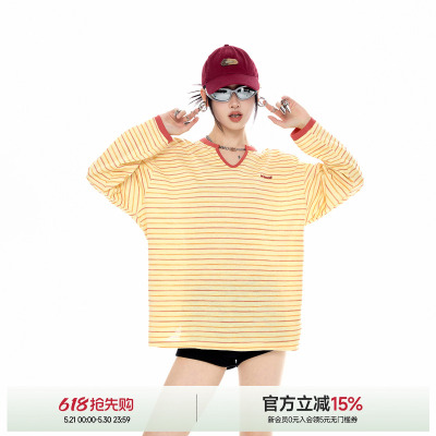 V领撞色条纹长袖T恤女夏季