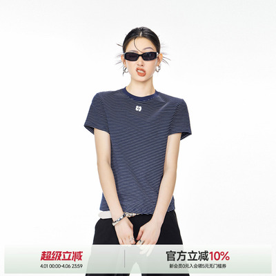 ICH MODE简约美式复古条纹夏季T恤女正肩显瘦百搭休闲夏新款短袖