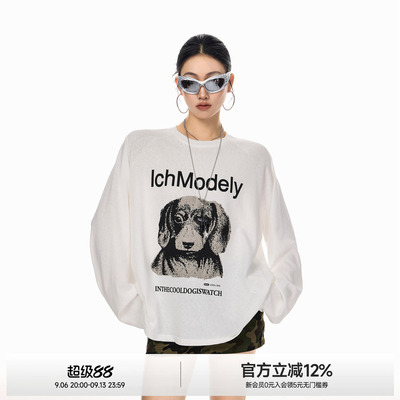 ICH MODE腊肠狗美式复古宽松圆领T恤上衣女秋冬设计百搭休闲长袖T