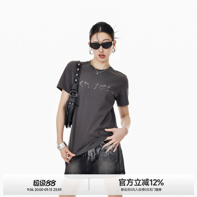 ICH MODE凉感速干圆领美式复古短袖宽松休闲设计感简约T恤上衣女