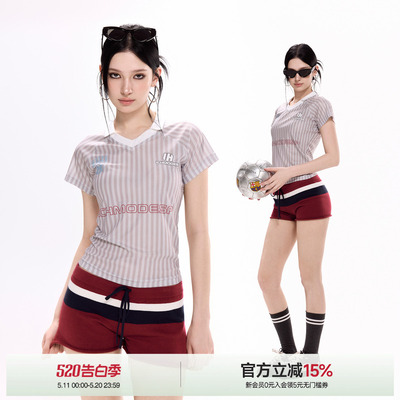 条纹V领短款短袖T恤女