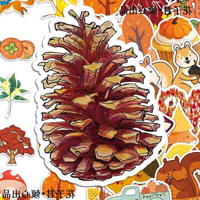 100张秋天丰收季贴纸ins风秋冬氛围感栗子松子南瓜古物树叶贴画