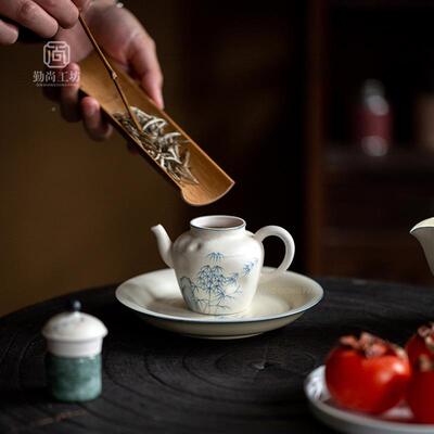 诧寂风粉引手绘蓝竹无品牌/手捏文茶壶手陶工瓷茶具抓人茶器泡茶
