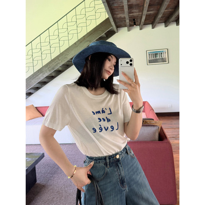 PRASE吕噜噜 【夏日出逃】夏季显瘦毛巾绣短袖天丝正肩针织T恤女
