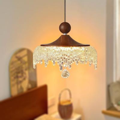 中古风床头吊灯2025年新款可升降法式水滴覆古胡桃木色饭厅小吊灯