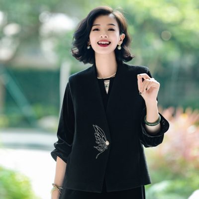 百搭通勤蝴蝶刺绣雅黑色马甲女装