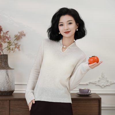西子/【冬雪】100羊毛新中式气质温柔盘扣白色针织衫/MSBH2494