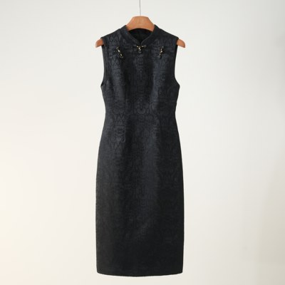 羊毛提花新中式修身无袖旗袍裙女