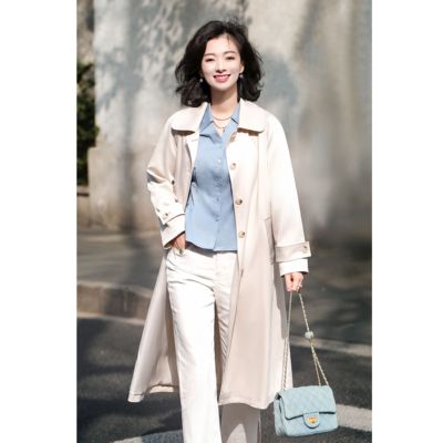 琥珀扣翻领风衣中长款开衫外套女