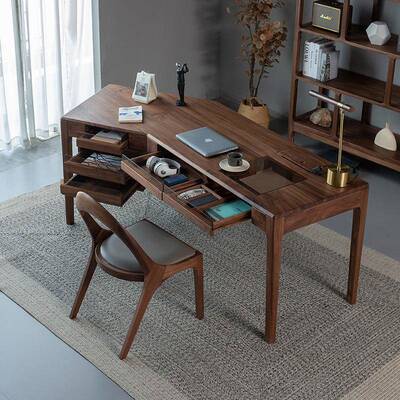 北黑胡桃书桌轻奢实木公桌转现代简美约角66501办公办台书房电脑
