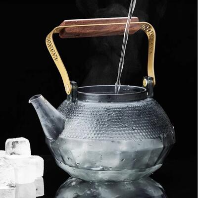 新款玻璃蒸煮一体内胆提黑梁壶铜把星水PCY陨透茶色玻璃泡茶壶沸