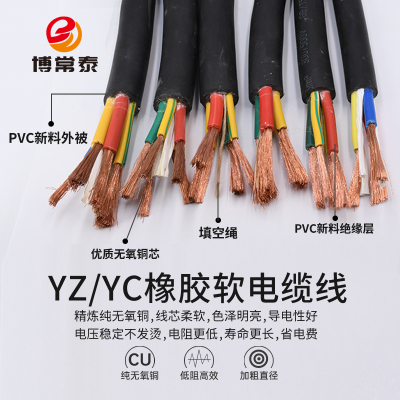 YC橡胶电缆线YCW4芯五芯4 6 10 16平方柔软耐磨YZ橡套软电缆电线