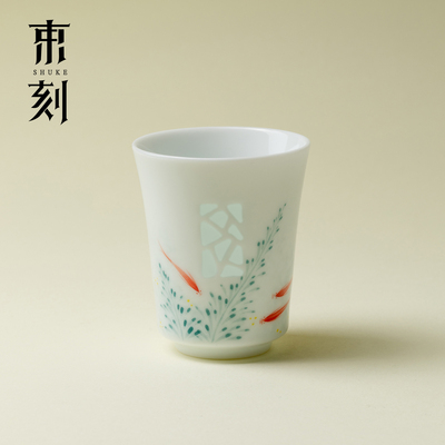 束刻 玲珑瓷手绘鱼戏主人杯高档青瓷功夫茶杯品茗杯个人专用杯子