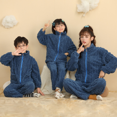 亲子睡衣母女子珊瑚绒一家三口冬季加厚法兰绒男女儿童拉链家居服