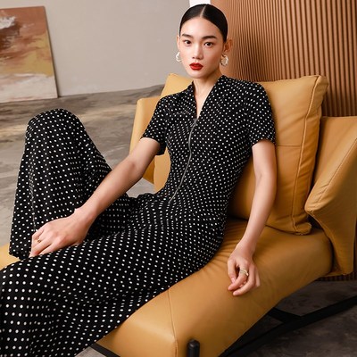 2024新款女夏连体裤拼色短袖白色前拉链v领长款直筒裤显瘦裙裤