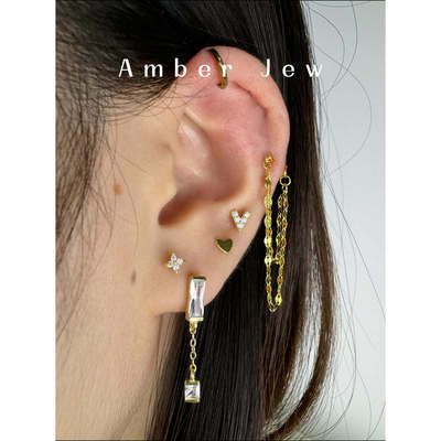【Amber Jew】大方吊钻流苏耳骨钉镀18k金纯银锆石欧美风耳饰组合