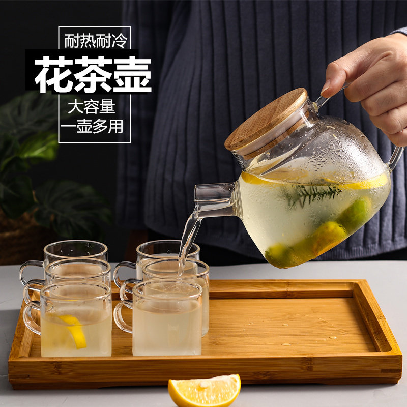 日式玻璃花茶壶套装带过滤耐热下午茶茶壶家用水果茶壶含蜡烛底座