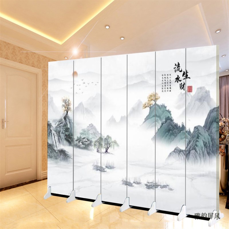 屏风客厅隔断帘折叠移动入户餐厅家用玄关办公室简约山水荷花双面