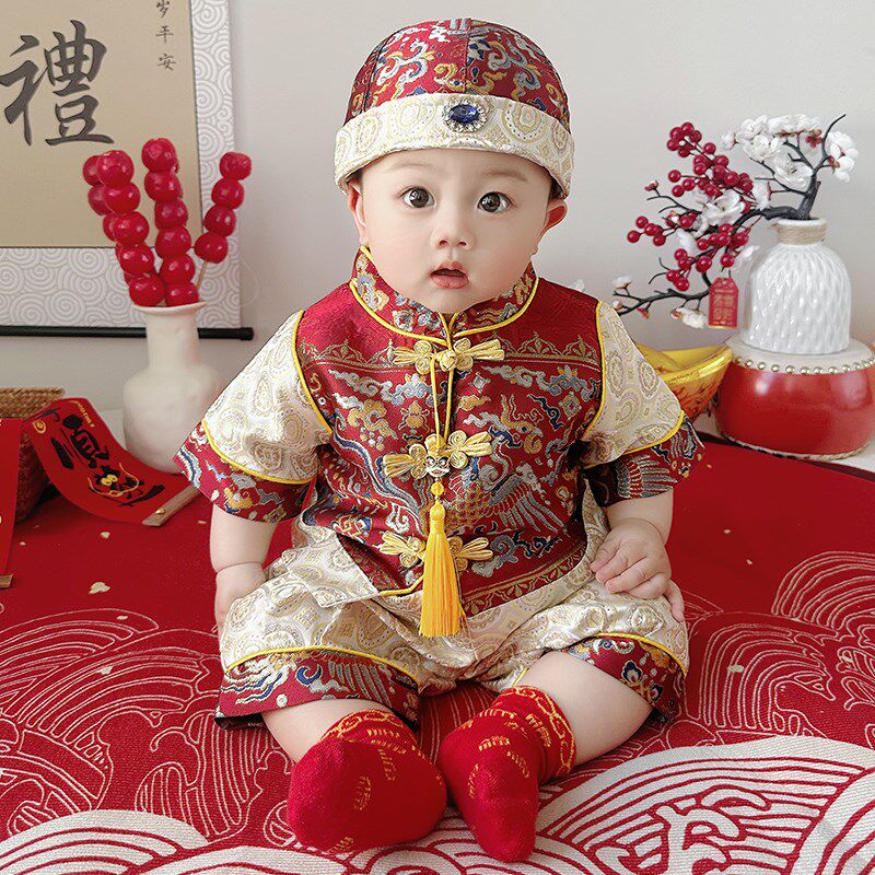 男宝宝一周岁服装春夏款婴儿抓周礼服红色喜庆儿童新中式唐装套装