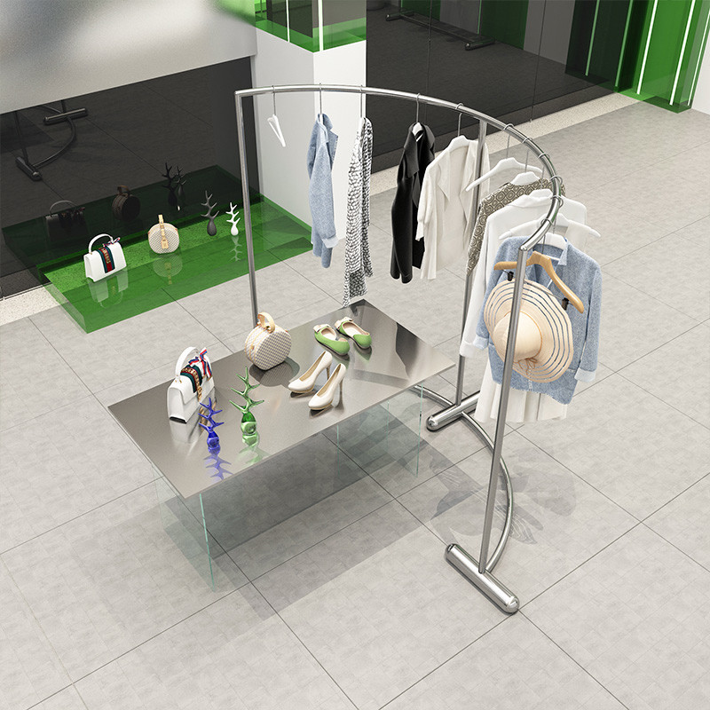 服装店展示架弧形不锈钢拉丝银落地式中岛架男女装货架童装店