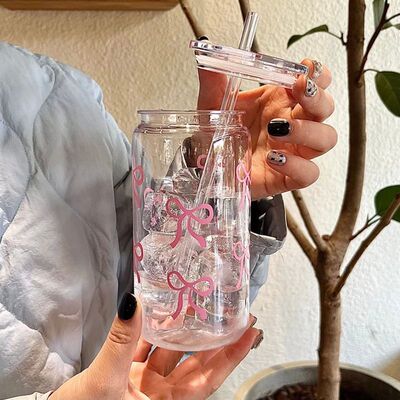 500Ml Pink Bow Print Water Bottle Drinking Can Iced Hot Coff