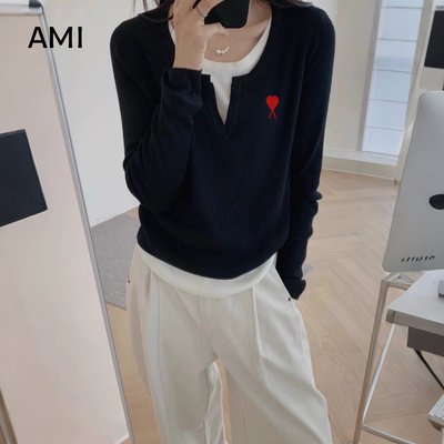 AMI官方美式黑色假两件v领内搭针织衫女2026春夏新款修身显瘦上衣