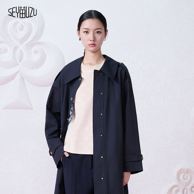 SEY苗UZU简约风大翻领中长款风衣女百搭宽松设计感外套藏青色