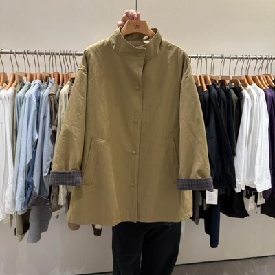 86005D壹韩版袖拼格子工装风衣女2025春装新款宽松立领中长外套女